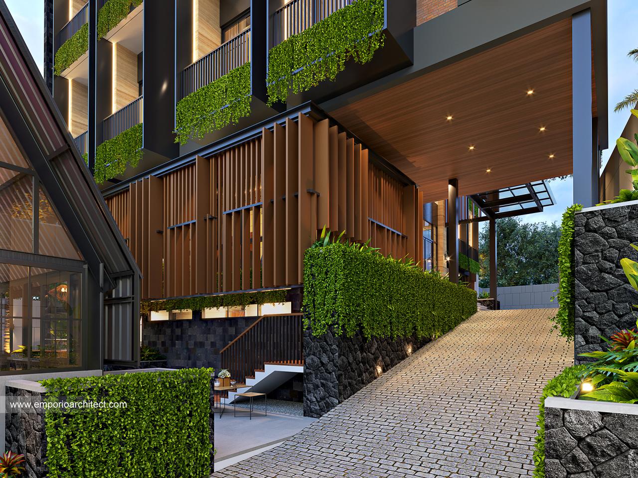 Desain Tampak Detail Depan Hotel dan Kafe Modern 4 Lantai Ibu PKY di ...