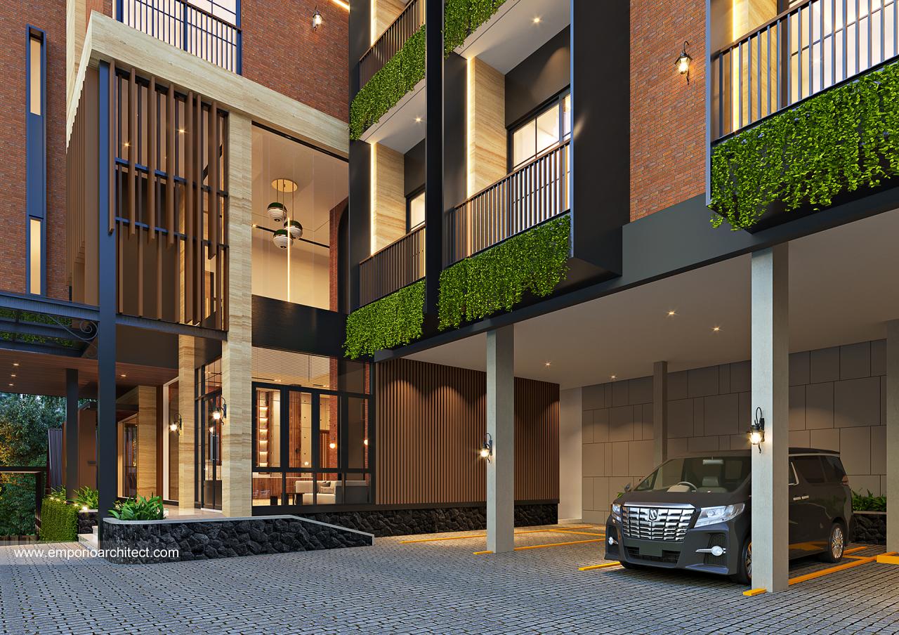 Desain Tampak Detail Samping Hotel dan Kafe Modern 4 Lantai Ibu PKY di ...