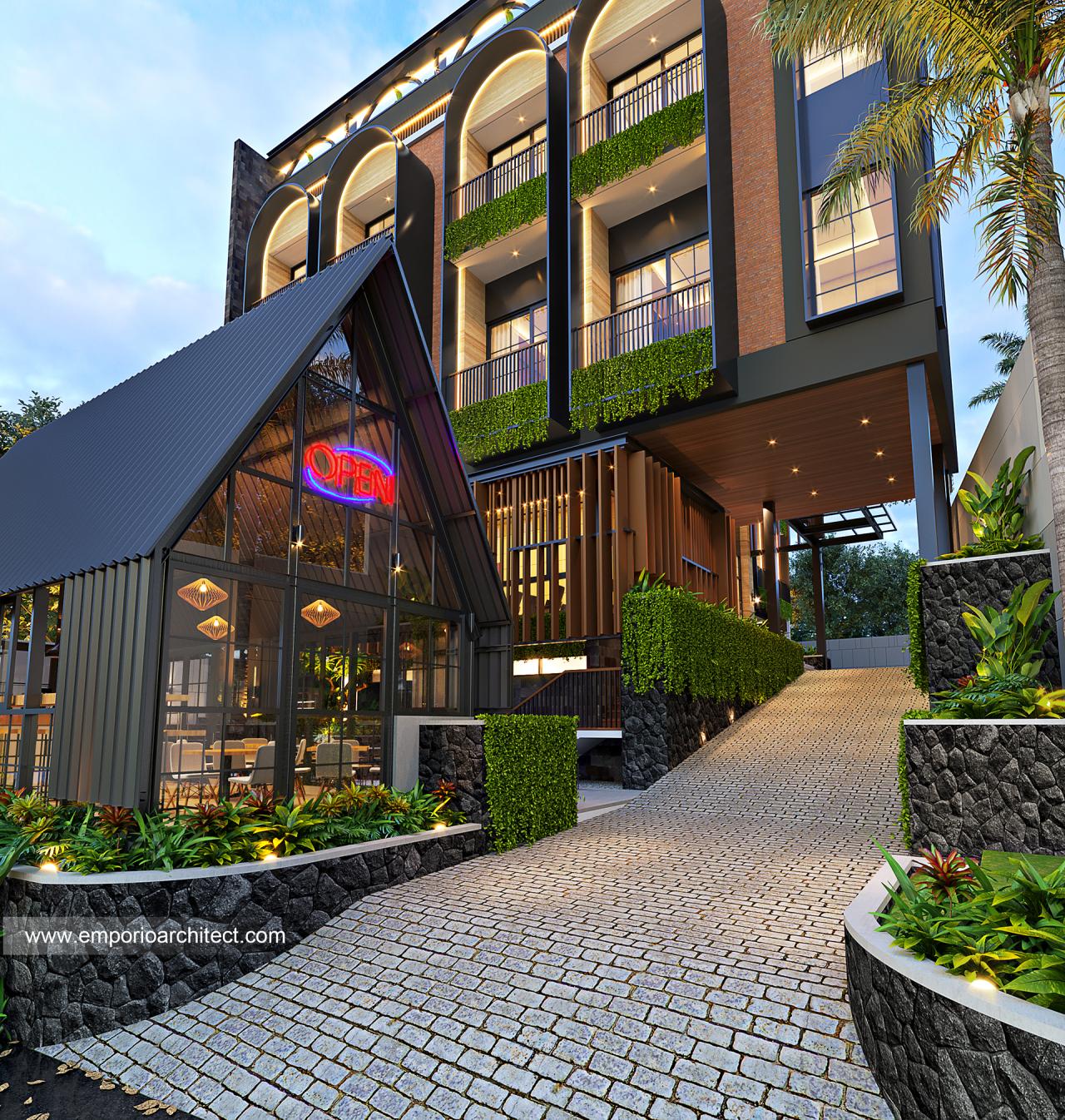 Desain Tampak Detail Coffee Shop Hotel dan Kafe Modern 4 Lantai Ibu PKY ...