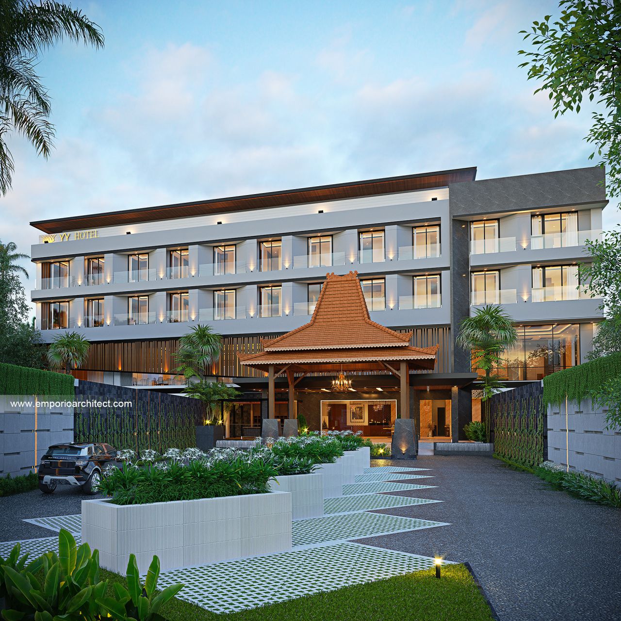 Desain Tampak Depan 4 Hotel Modern Luxury Tropis 4 Lantai Bapak SNT di ...
