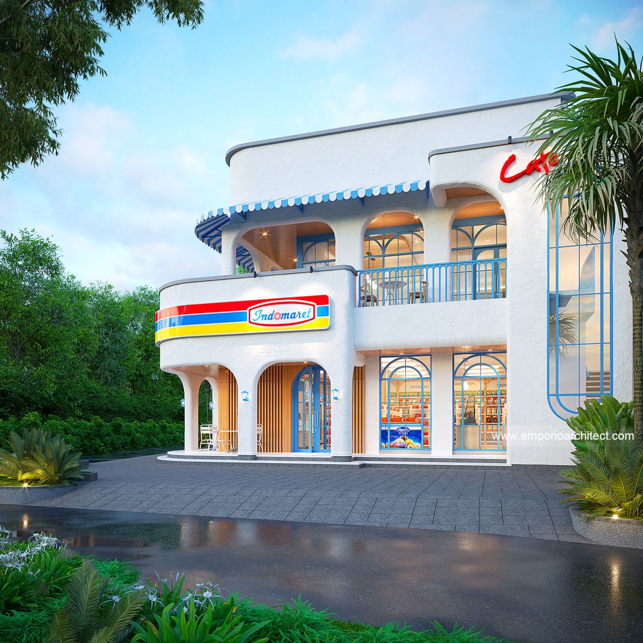 Desain Tampak Depan Indomaret Point Coffee Santorini 2 Lantai Ibu LS di ...