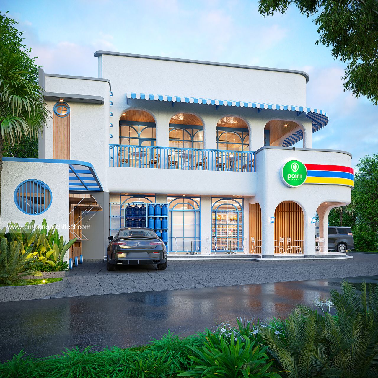 Desain Tampak Depan 2 Indomaret Point Coffee Santorini 2 Lantai Ibu LS ...
