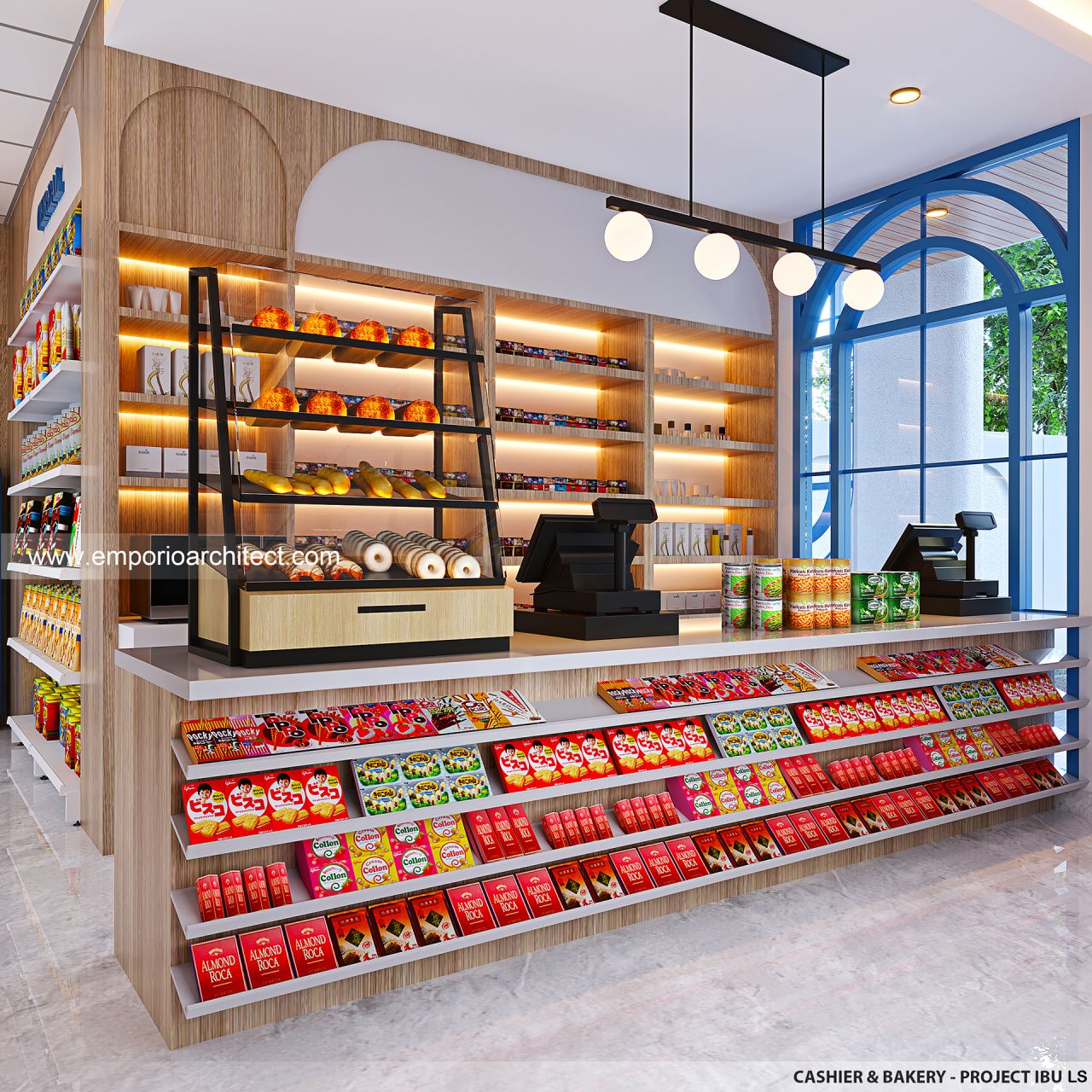 Desain Cashier dan Bakery Indomaret Point Coffee Santorini 2 Lantai Ibu ...