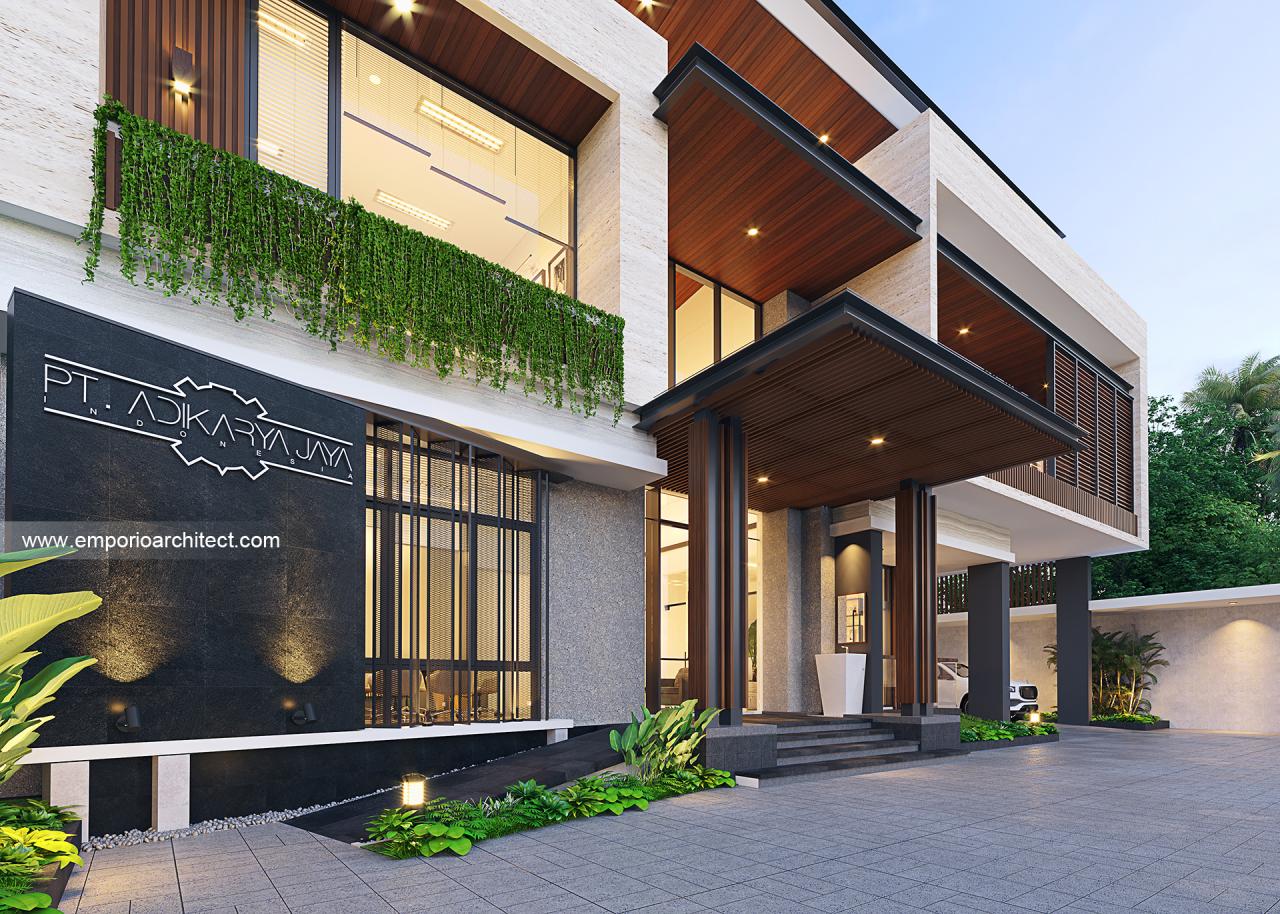Desain Tampak Detail Depan Kantor Modern 2 Lantai PT. AKJI di ...
