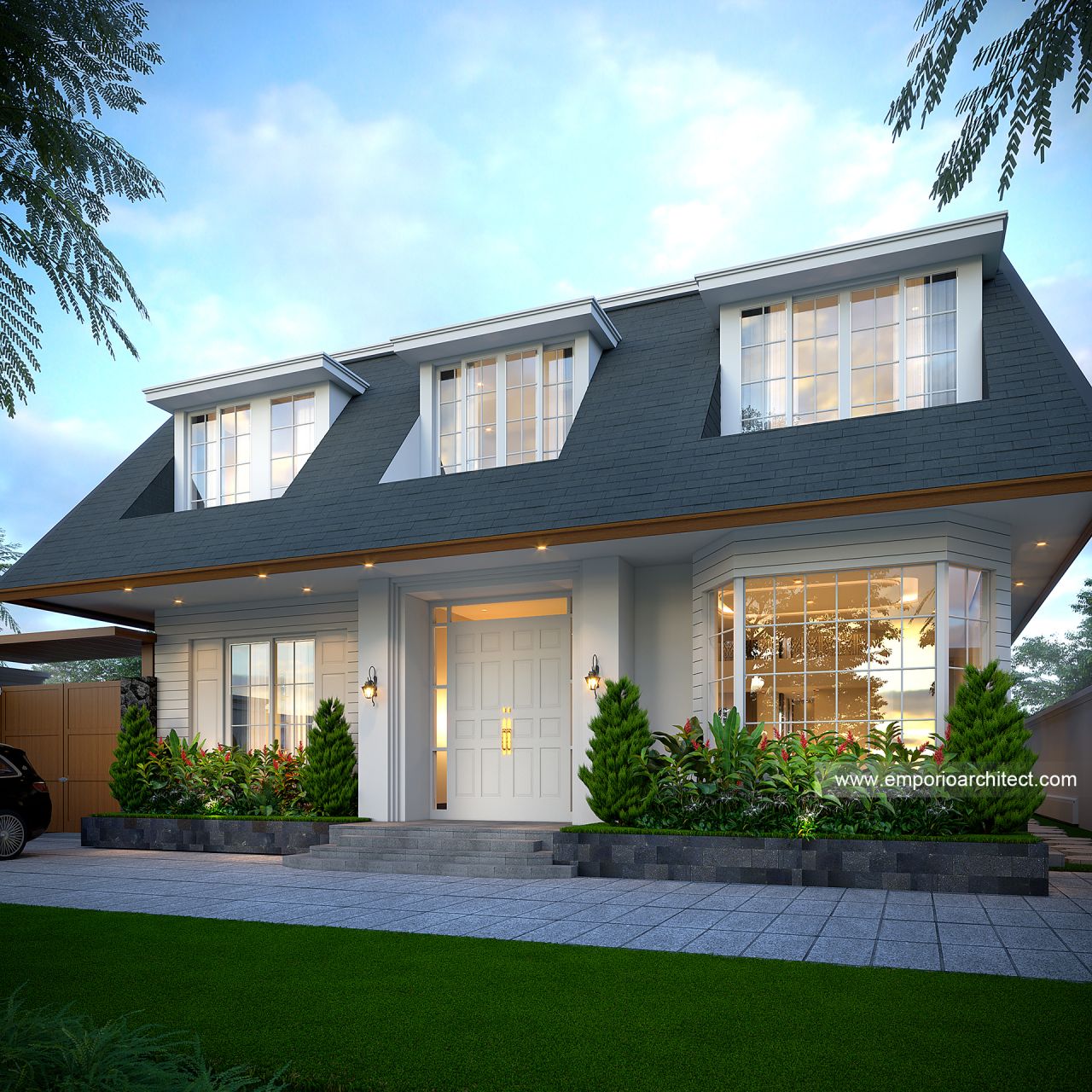 Desain Tampak Depan Rumah American Klasik 2 Lantai Ibu DN di Malang ...