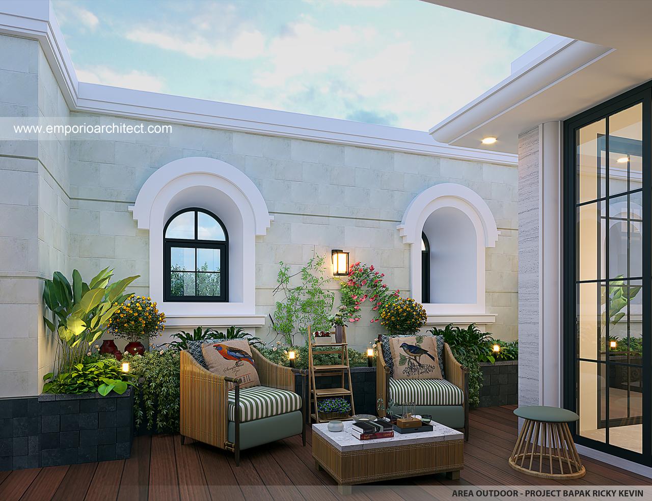 Desain Area Outdoor Rumah Mediteran Klasik 2.5 Lantai Bapak RKV di ...