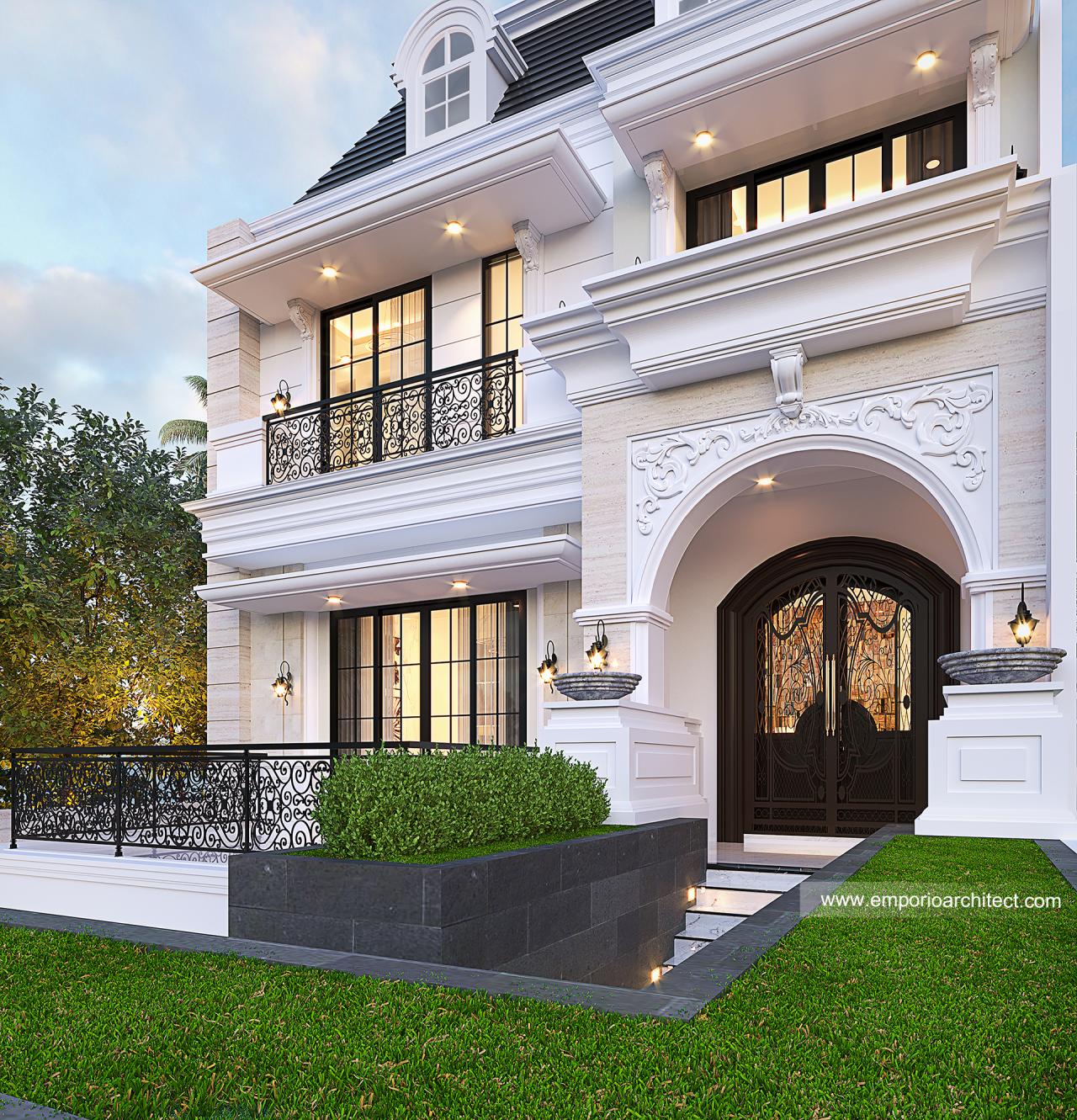 Desain Tampak Detail Depan Rumah Klasik 3 Lantai Ibu DNA di Yogyakarta ...