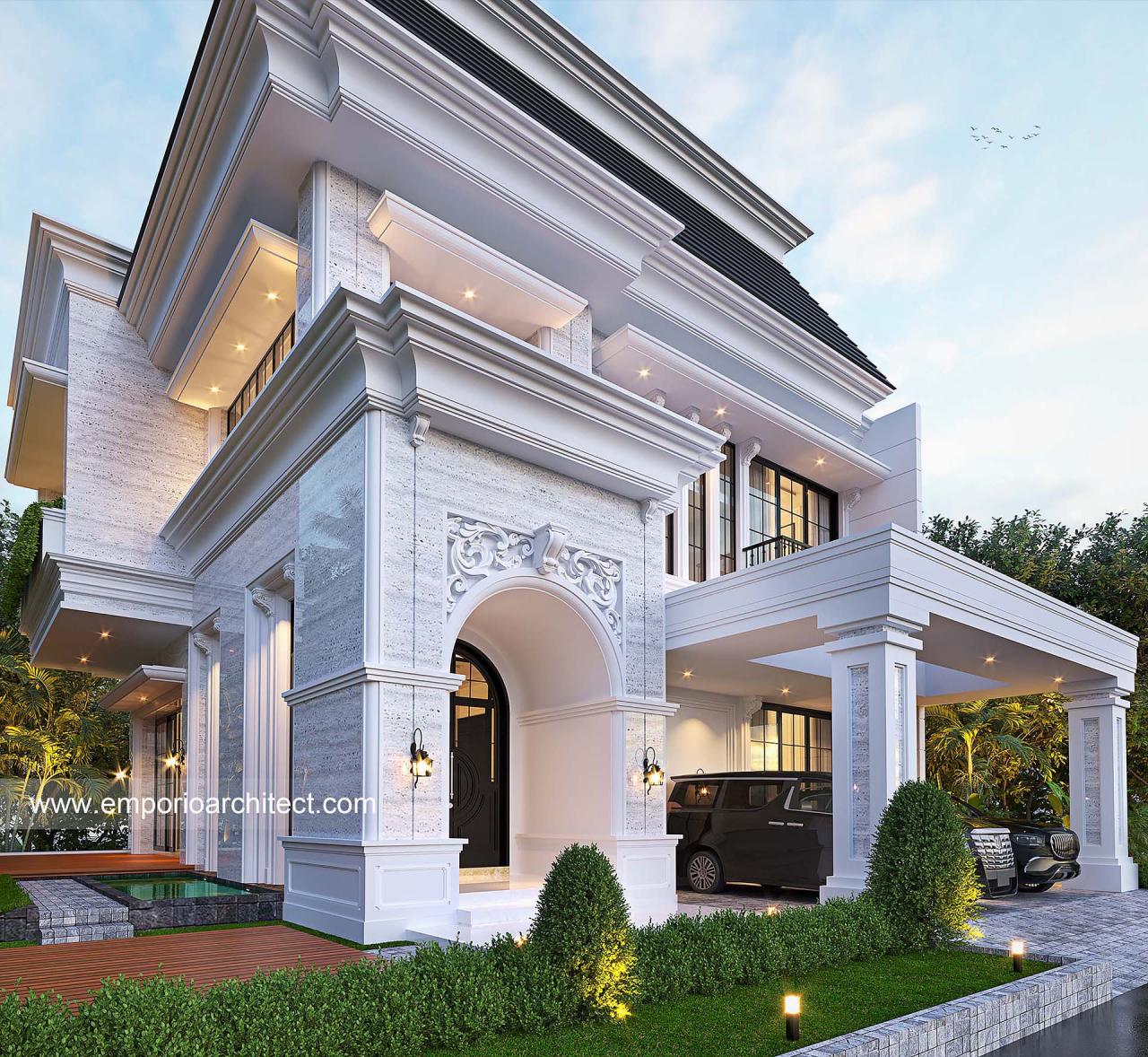 Desain Tampak Detail Depan Rumah Klasik 3 Lantai Bapak SWT di Bekasi ...