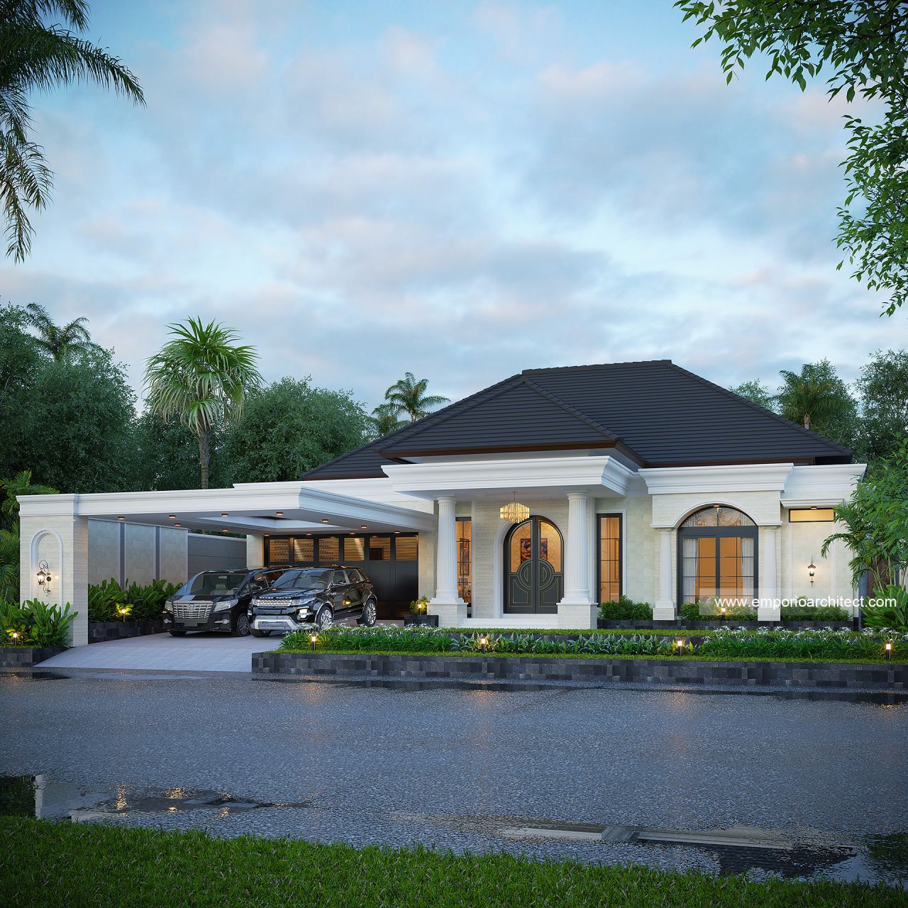 Desain Tampak Depan Rumah Mediteran Klasik 1 Lantai Ibu SYT di Malang ...