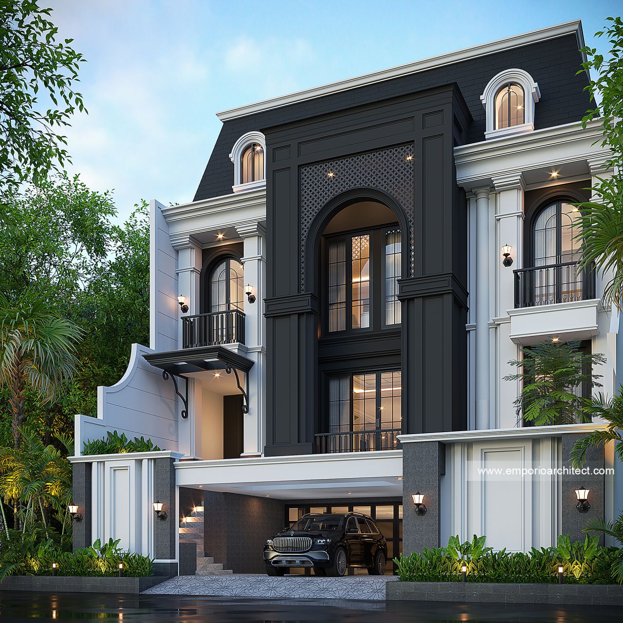 Desain Tampak Depan 2 Rumah Mediteran Klasik 3 Lantai Ibu TN X di ...