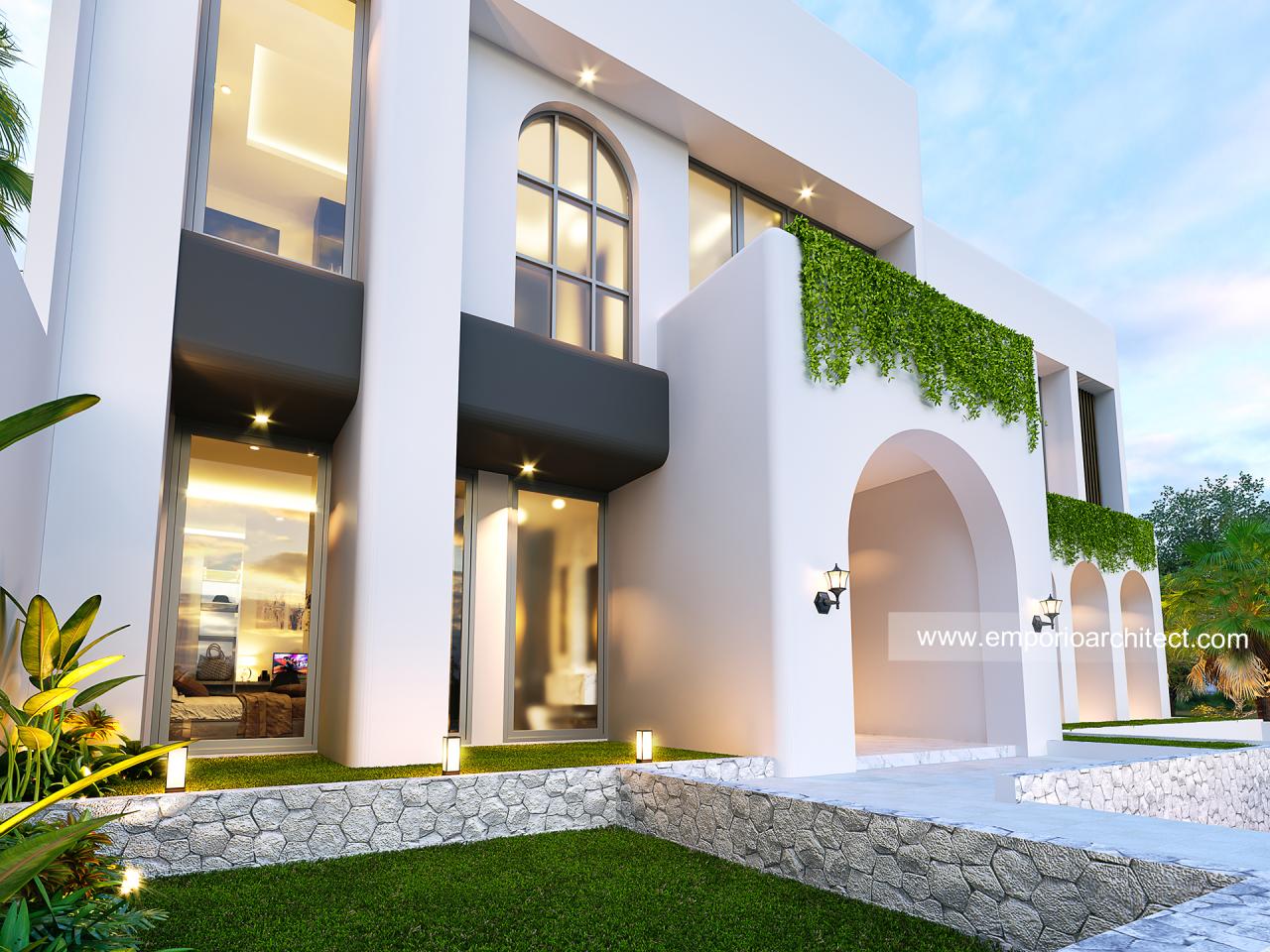 Desain Tampak Detail Depan 2 Rumah Santorini 2.5 Lantai Ibu LND di Jakarta 13930 - Desain Rumah