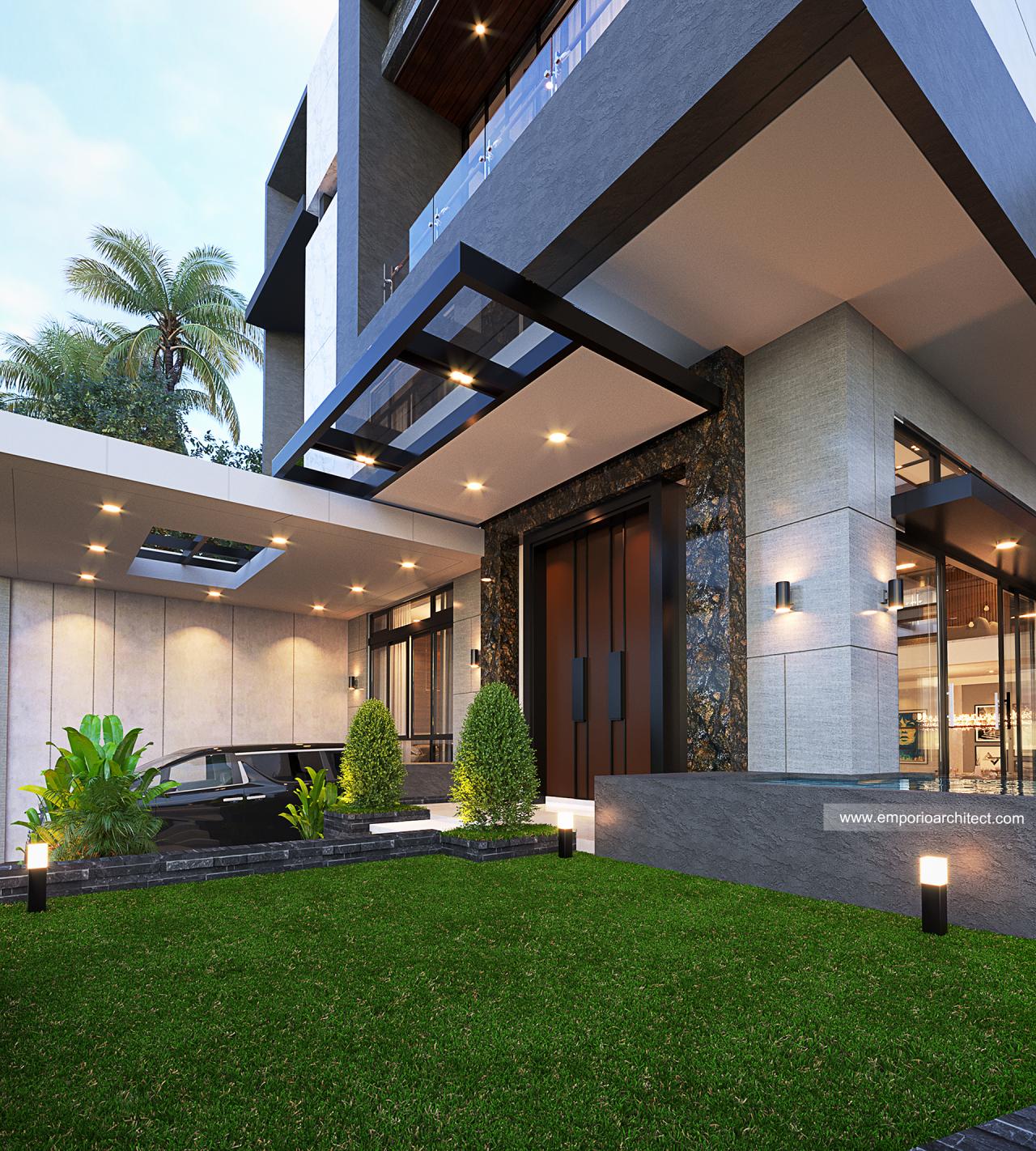 Desain Tampak Detail Depan Rumah Modern 2.5 Lantai Ibu Nana di Jakarta ...