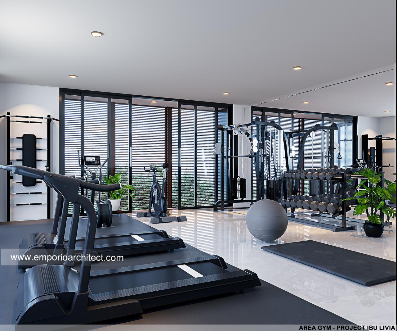 Desain Area Gym Rumah Modern 3 Lantai Ibu LVA di Alam Sutera Palmyra ...