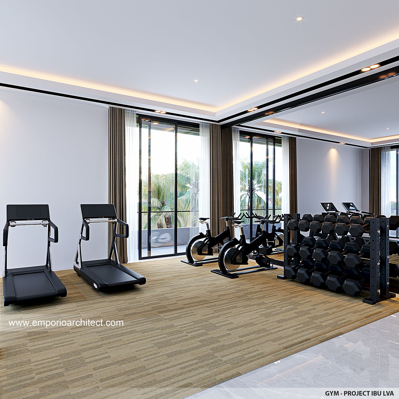Desain Gym Area Rumah Modern 3 Lantai Ibu LVA di Tangerang Selatan ...