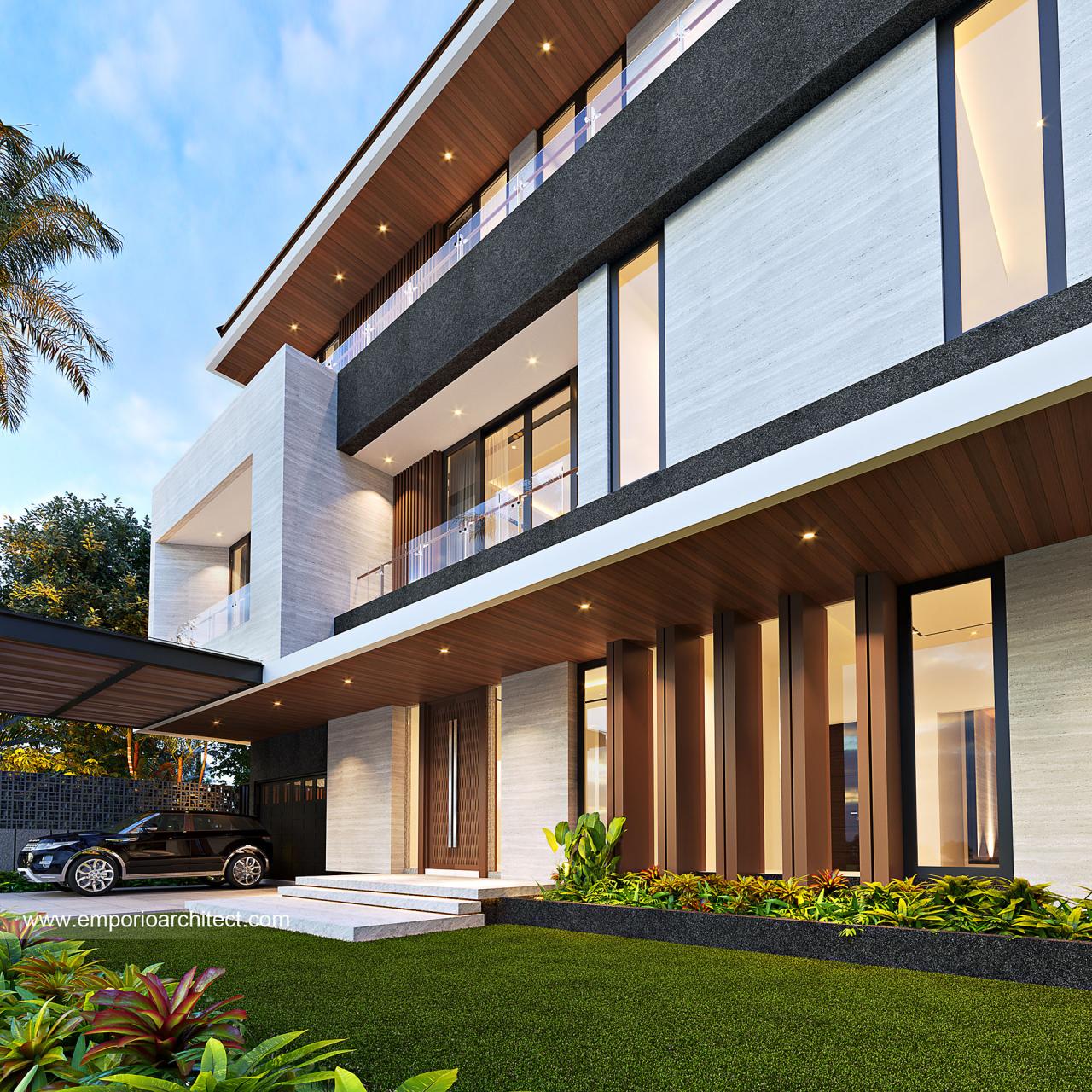 Desain Tampak Detail Depan Rumah Modern 3 Lantai Ibu FFG di Jakarta ...