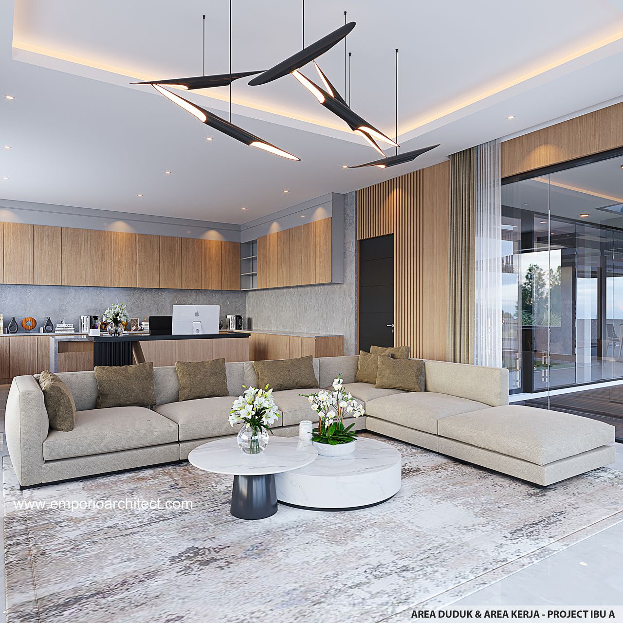 Desain Area Duduk dan Area Kerja Rumah Modern 3 Lantai Ibu A II di BSD ...