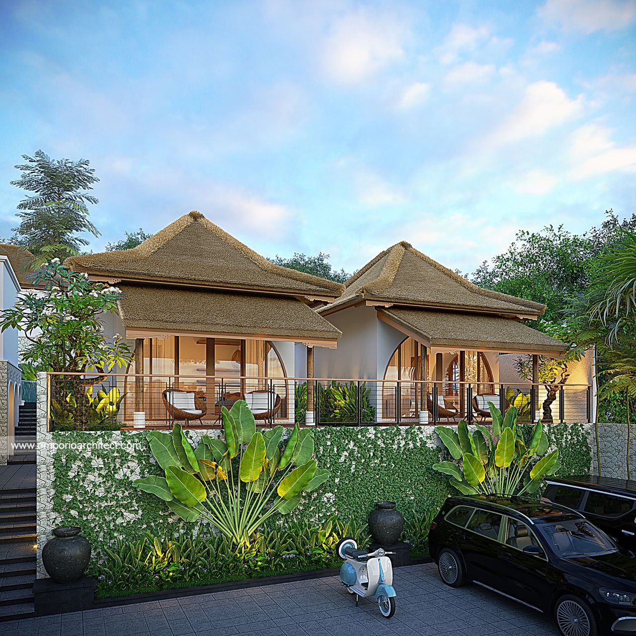 Desain Tampak Depan Kiri Villa B Style Villa Bali Tropis 2 Lantai Bapak ...