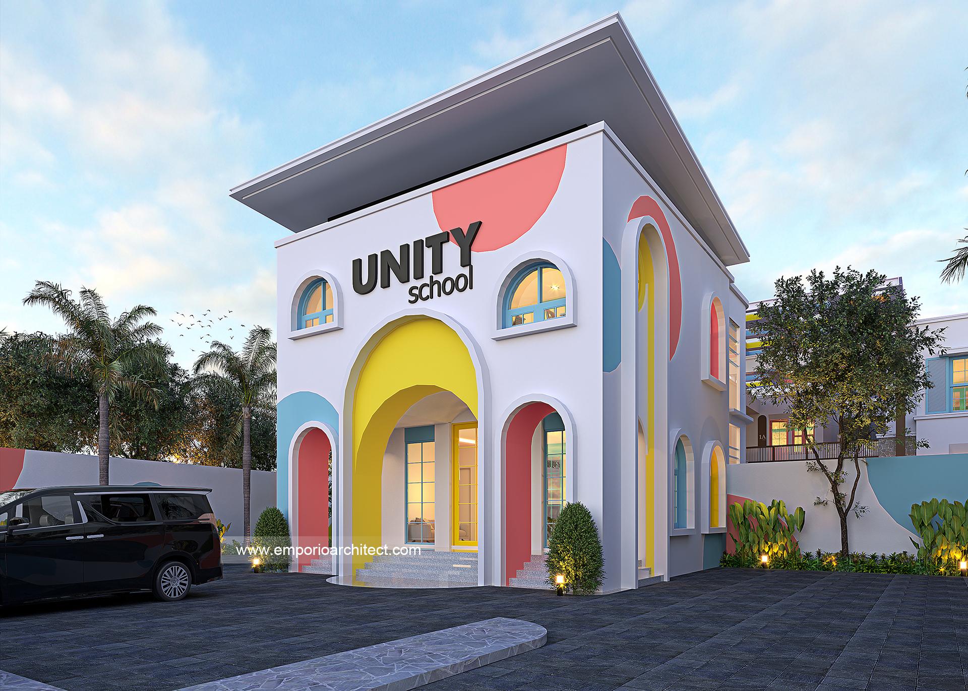 Desain Tampak Detail Depan Gedung Sekolah Unity School Modern 2 Lantai ...