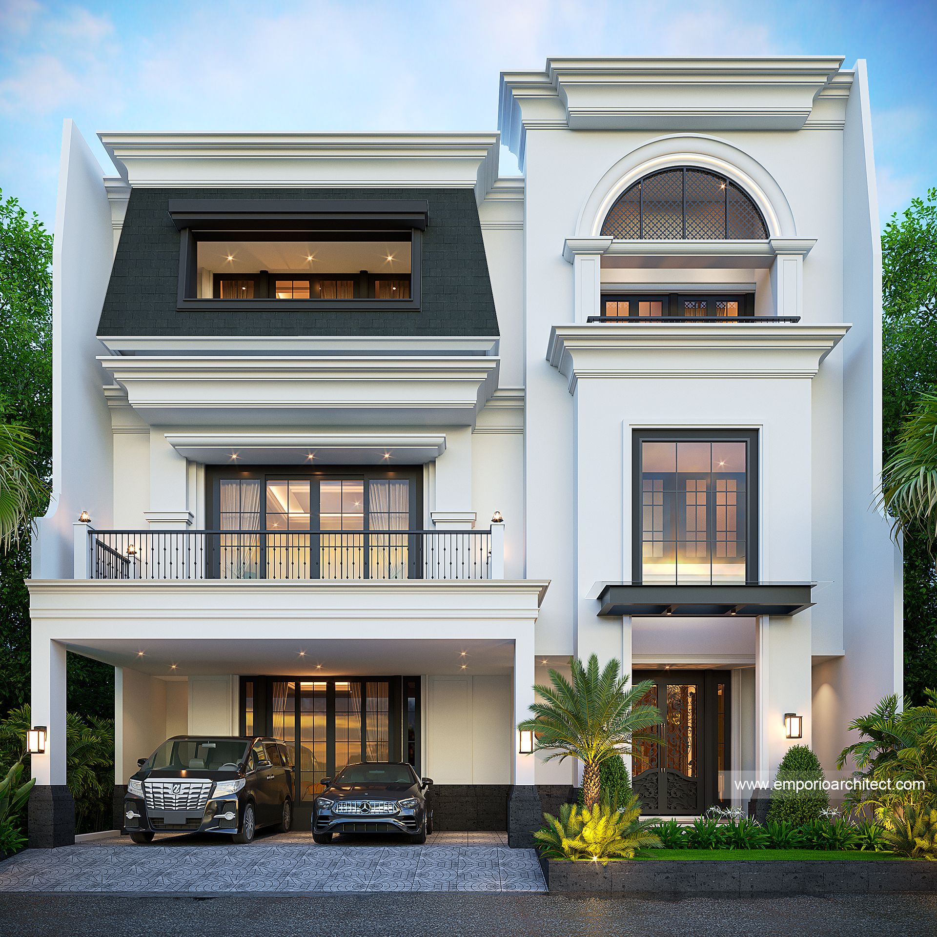 Desain Tampak Depan Rumah Mediteran Klasik 4 Lantai Bapak STH di Jakarta 43749 - Desain Carport