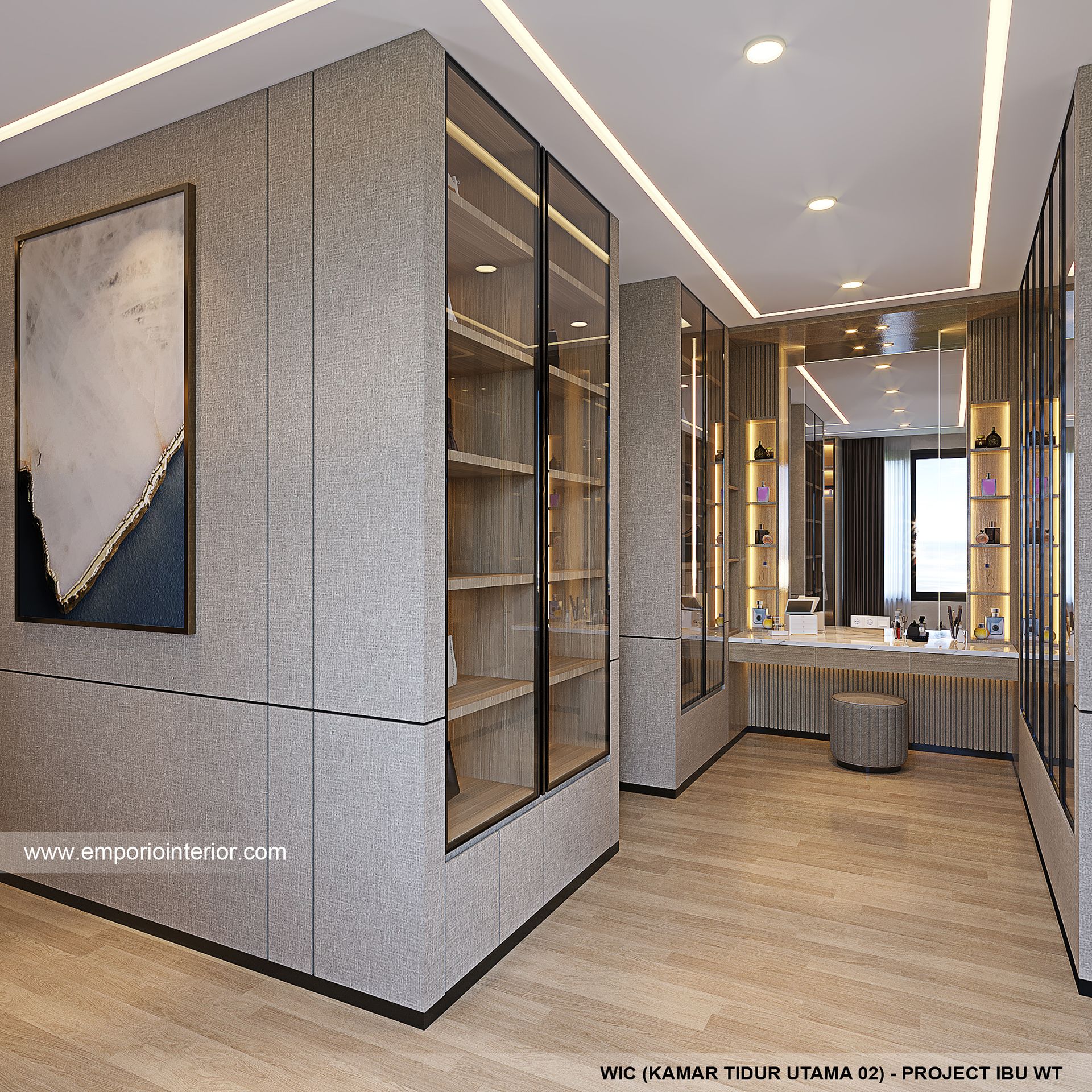 Desain WIC Kamar Tidur Utama 2 Rumah Modern 3 Lantai Ibu WT di Aceh 45460 - Desain Walk in Closet