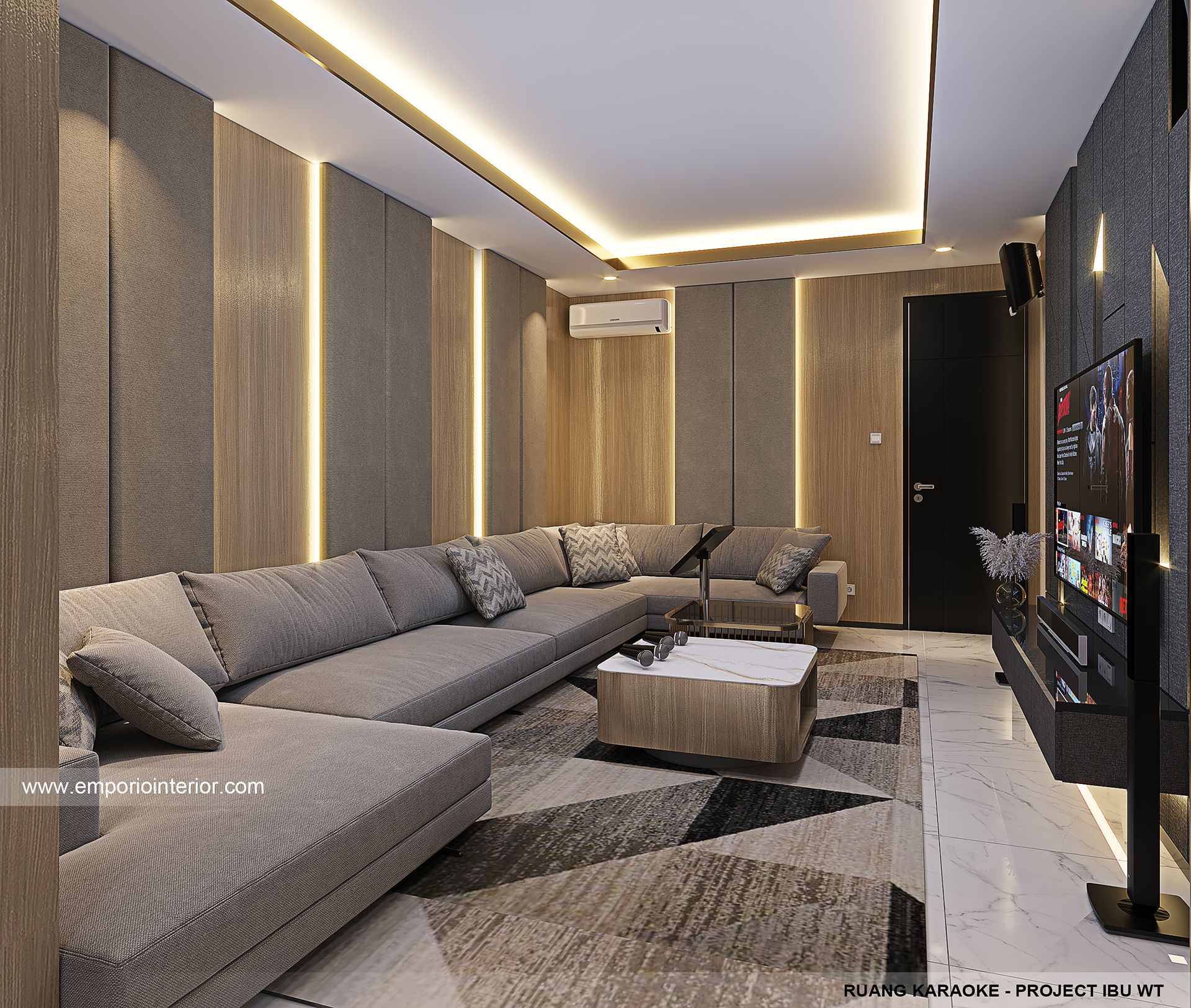 Desain Ruang Karaoke Rumah Modern 3 Lantai Ibu WT di Aceh 45433 - Desain Plafon